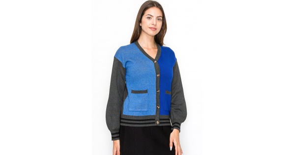 Blue and Grey Color-Block Cardigan | Modest Women Clothing - YAL New York
