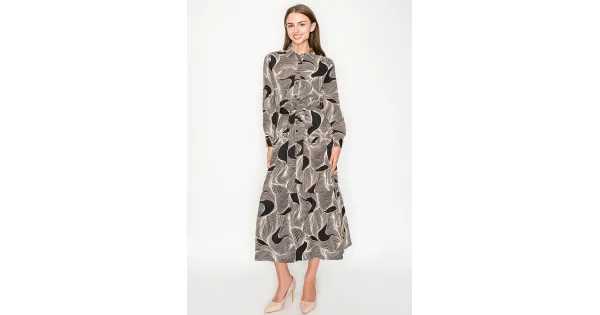Graphic Wave Pattern Belted Midi Dress | Modest Women Clothing - YAL ...