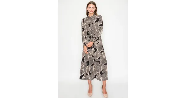 Graphic Wave Pattern Belted Midi Dress | Modest Women Clothing - YAL ...
