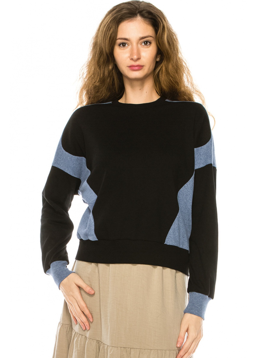 Two-Tone Long Sleeve T-Shirt In Black & Blue | Modest Women Clothing ...