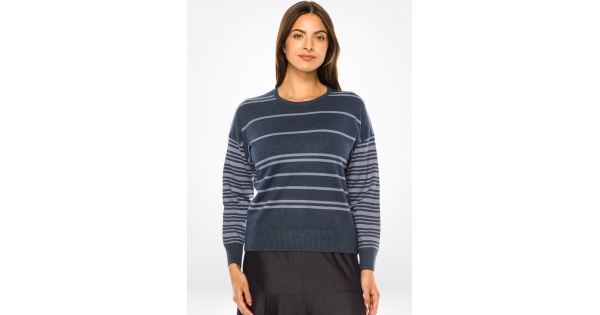 Navy Striped Knit Sweater Classic Comfort Modest Women Clothing