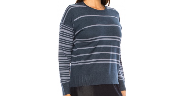 Navy Striped Knit Sweater Classic Comfort Modest Women Clothing