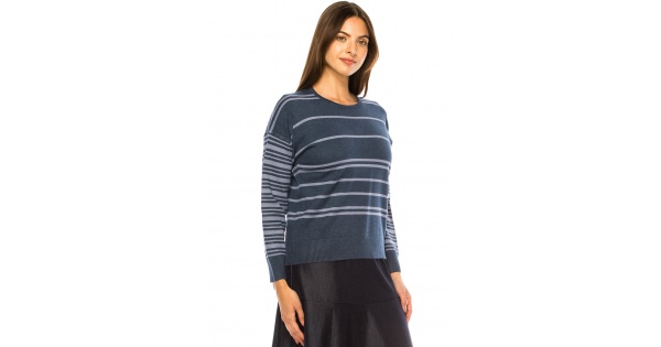 Navy Striped Knit Sweater Classic Comfort Modest Women Clothing